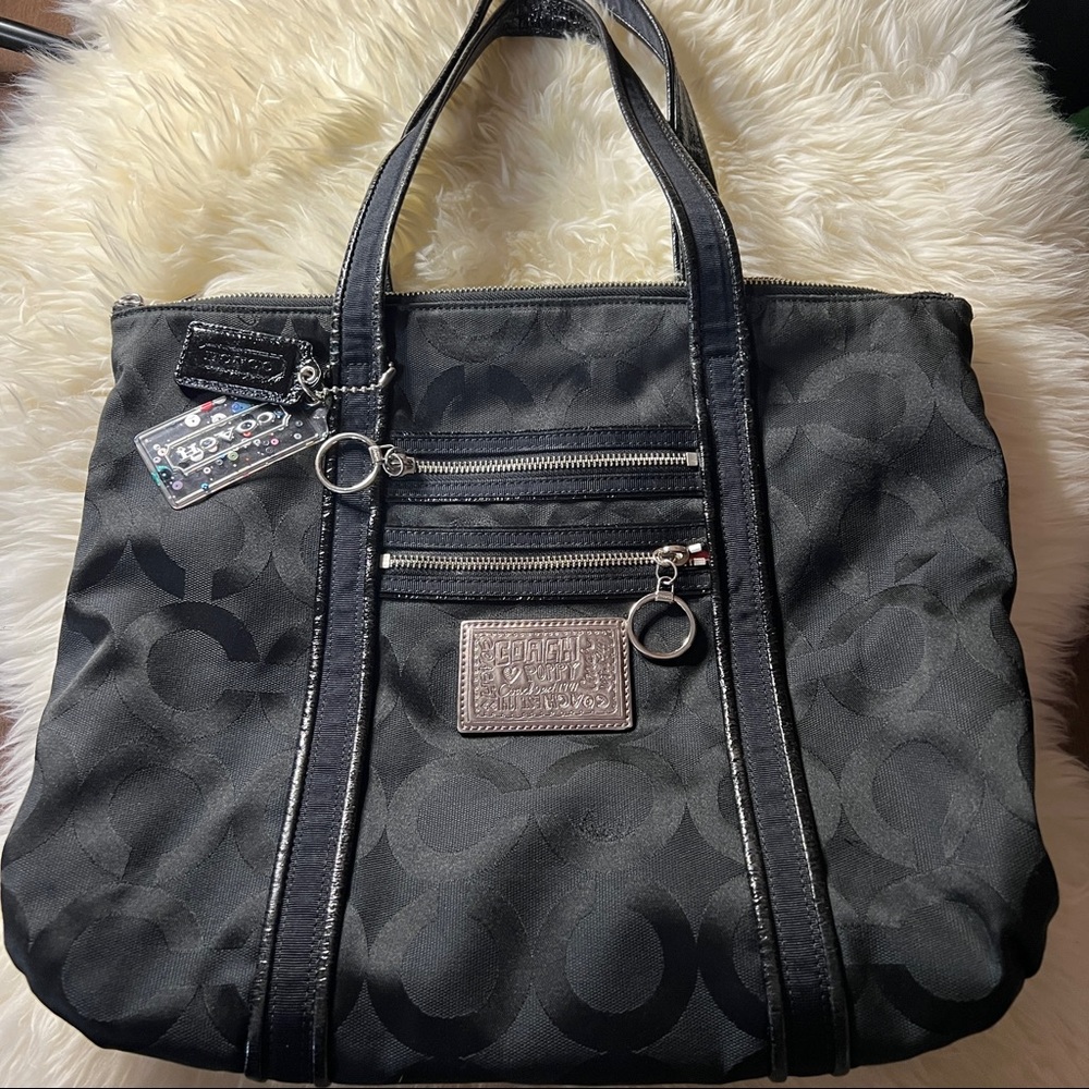 Coach Poppy Op Art Glam Tote Bag Purse Black Fair Ins… - Gem